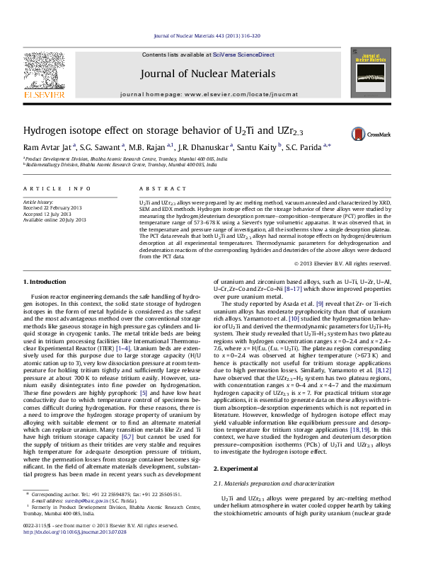 (PDF) Hydrogen isotope effect on storage behavior of U2Ti and UZr2.3