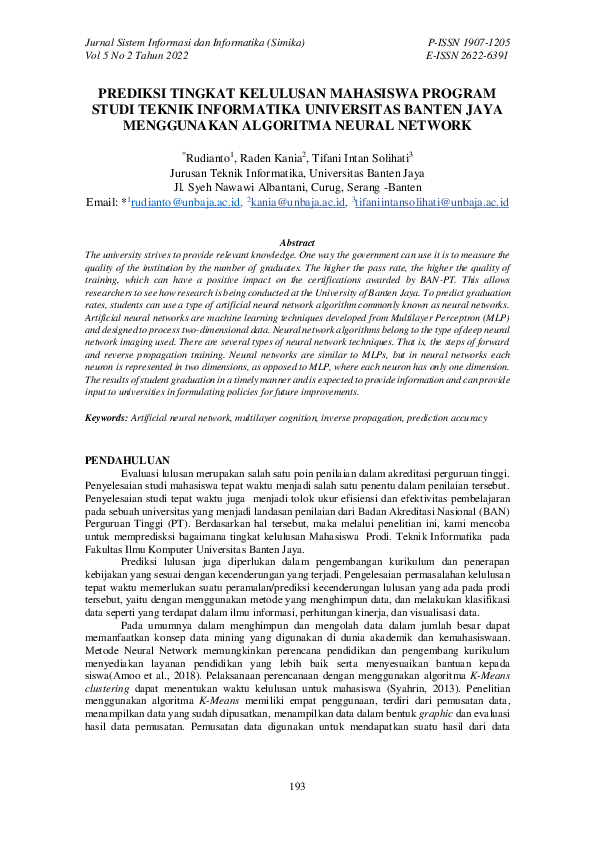 (PDF) Prediksi Kelulusan Mahasiswa Teknik Informatika Universitas Banten Jaya Menggunakan ...