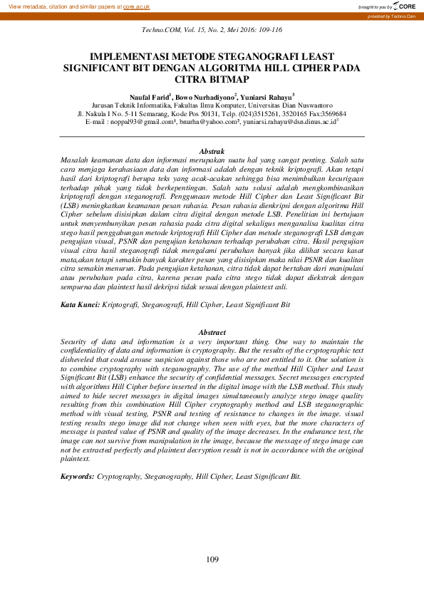 Pdf Implementasi Metode Steganografi Least Significant Bit Dengan Algoritma Hill Cipher Pada
