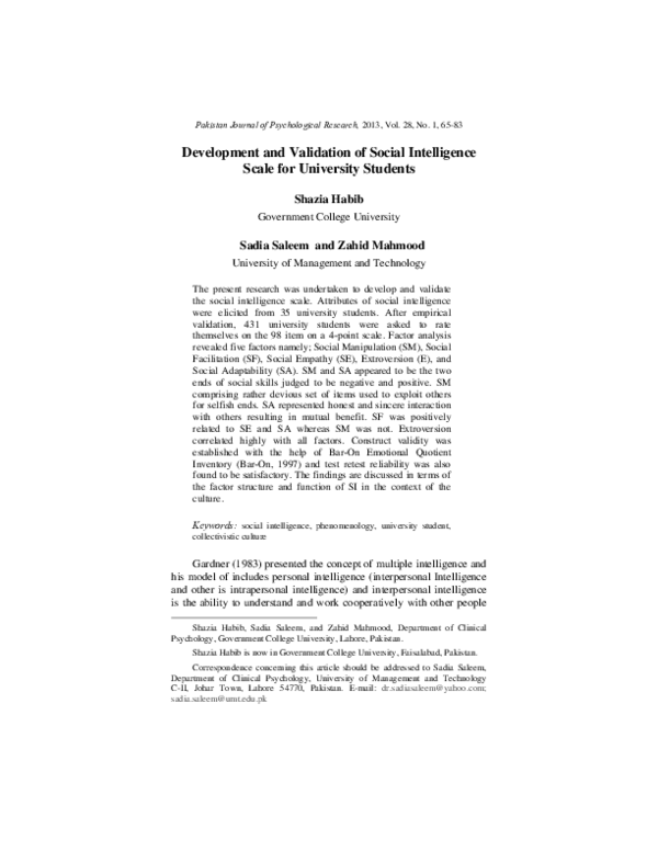 (PDF) Development and Validation of Social Intelligence Scale for ...