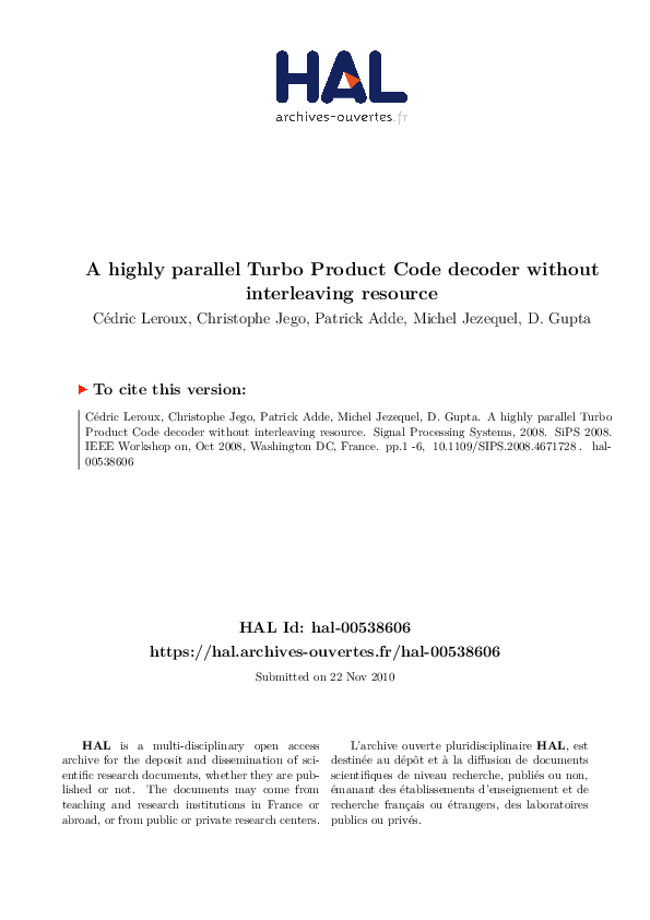 (PDF) A highly parallel Turbo Product Code decoder without interleaving resource