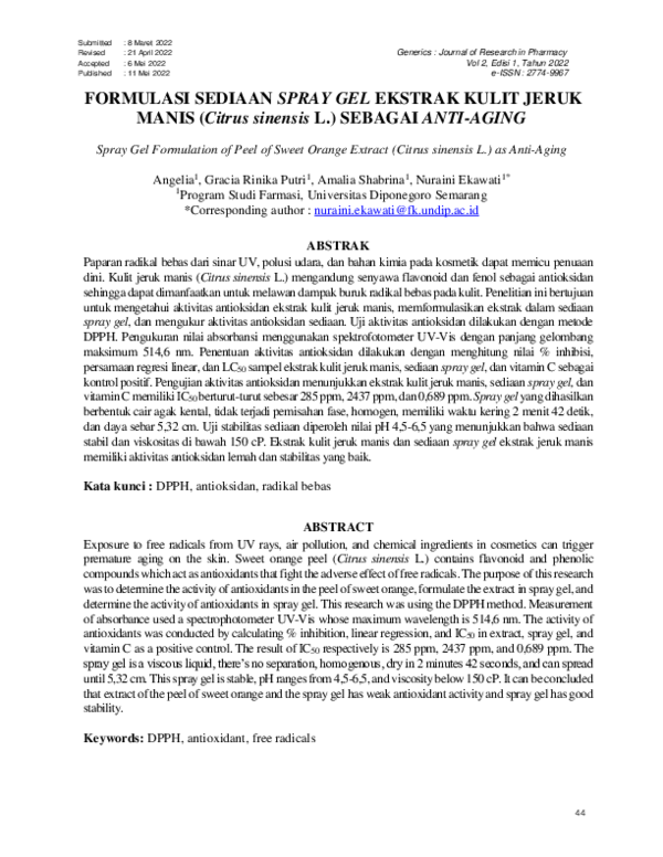 (PDF) Formulasi Sediaan Spray Gel Ekstrak Kulit Jeruk Manis (Citrus ...