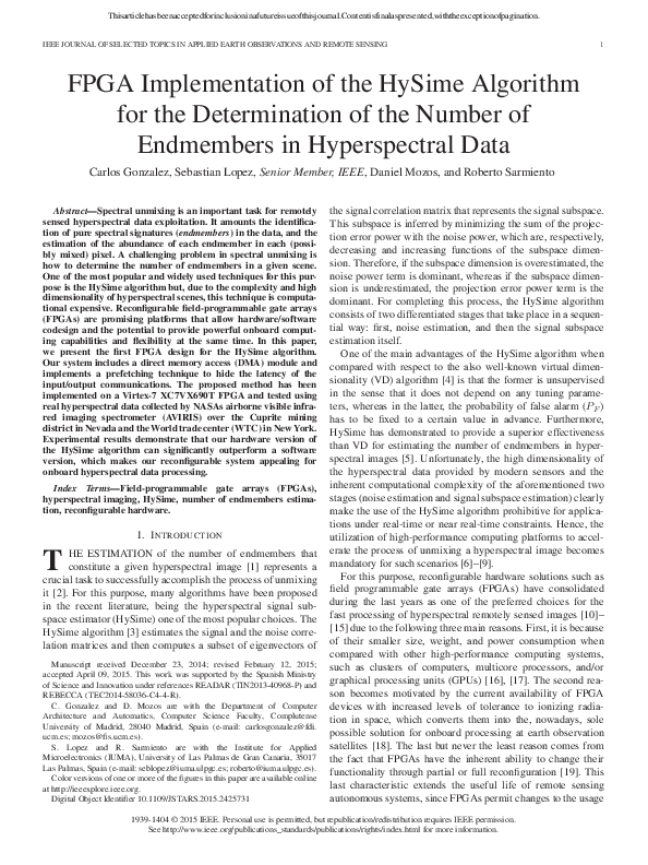 Pdf Fpga Implementation Of The Hysime Algorithm For The Determination Of The Number Of 