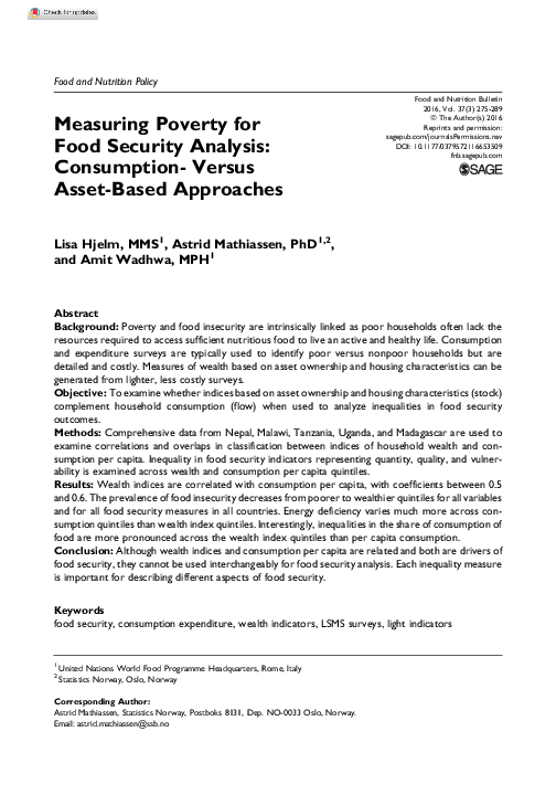 (PDF) Measuring Poverty for Food Security Analysis