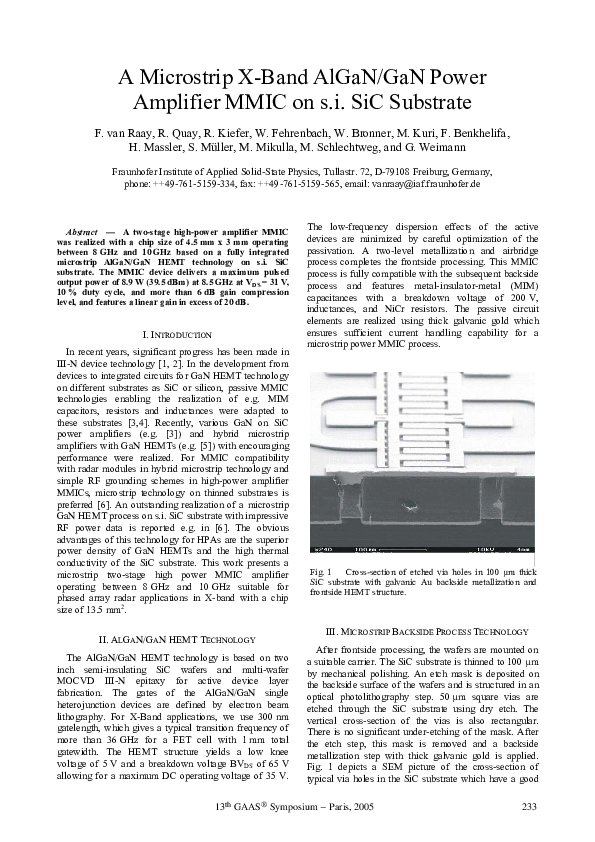 (PDF) A microstrip X-band AlGaN/GaN power amplifier MMIC on s.i. SiC substrate | Rüdiger Quay ...