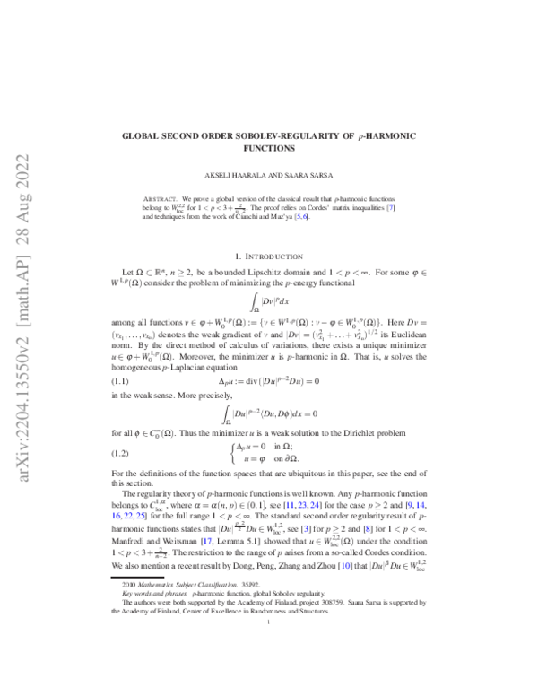 (PDF) Global second order Sobolev-regularity of $p$-harmonic functions