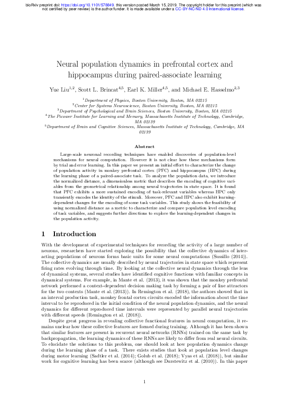 (PDF) Neural population dynamics in prefrontal cortex and hippocampus during paired-associate ...