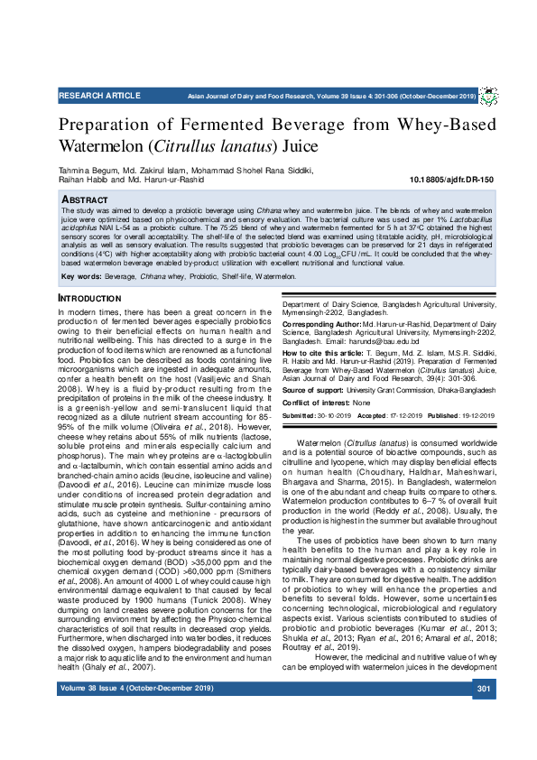 (PDF) Preparation of Fermented Beverage from Whey-Based Watermelon ...