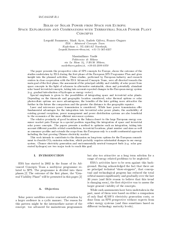 (PDF) Roles of Solar Power from Space for Europe: Space Exploration and ...