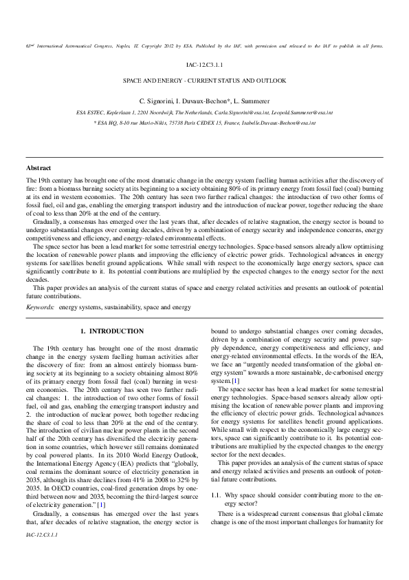 (PDF) Space and Energy - Current Status and Outlook