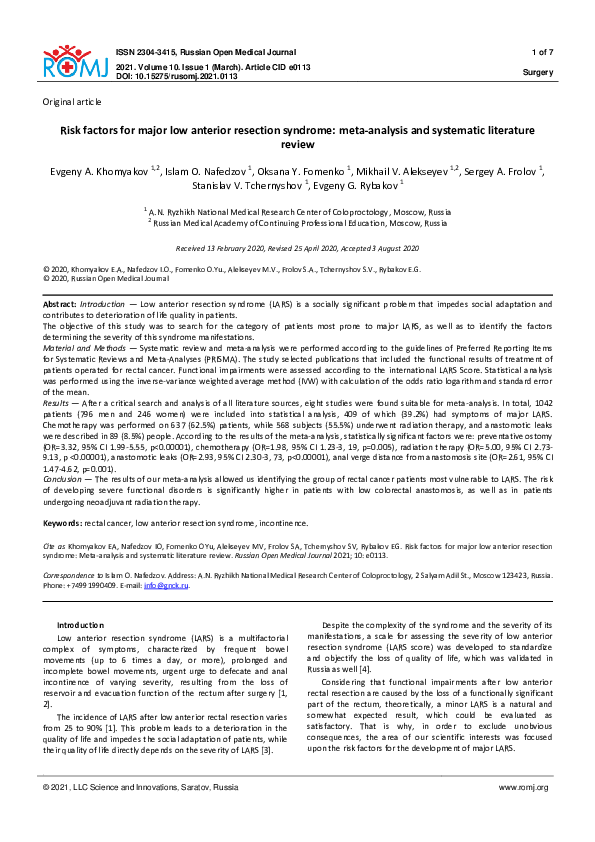 (PDF) Risk factors for major low anterior resection syndrome: meta ...