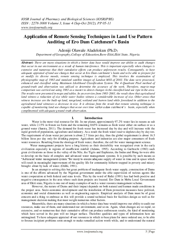 (PDF) Application of Remote Sensing Techniques in Land Use Pattern Auditing of Ero Dam Catchment ...