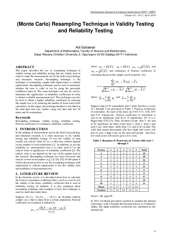 Pdf Monte Carlo Resampling Technique In Validity Testing And Reliability Testing Adi