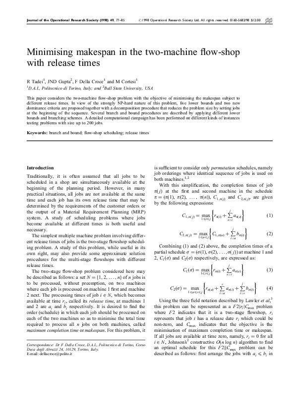 (PDF) Minimising Makespan in the Two-Machine Flow-Shop with Release Times