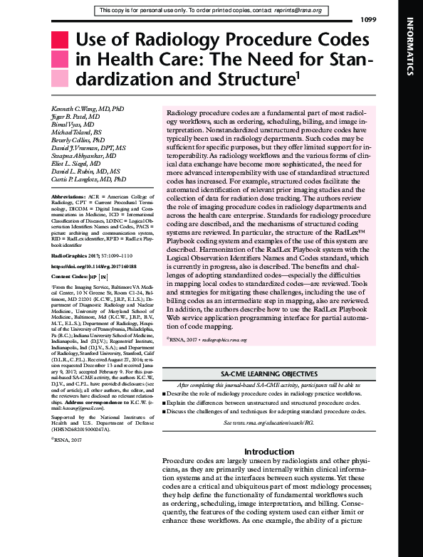 (PDF) Use of Radiology Procedure Codes in Health Care: The Need for ...