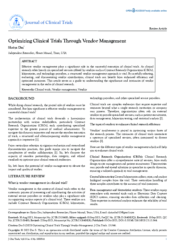 (PDF) Optimizing Clinical Trials Through Vendor Management
