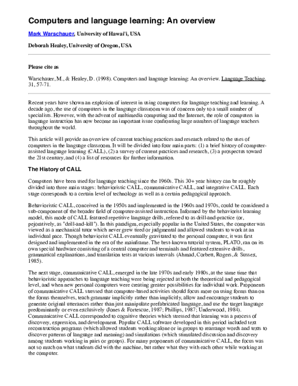 (PDF) Computers and language learning: an overview
