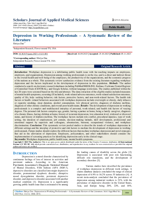 (PDF) Depression in Working Professionals – A Systematic Review of the ...