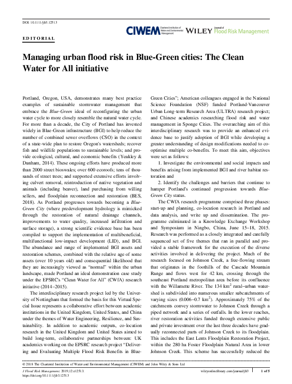 (PDF) Managing urban flood risk in Blue‐Green cities: The Clean Water ...