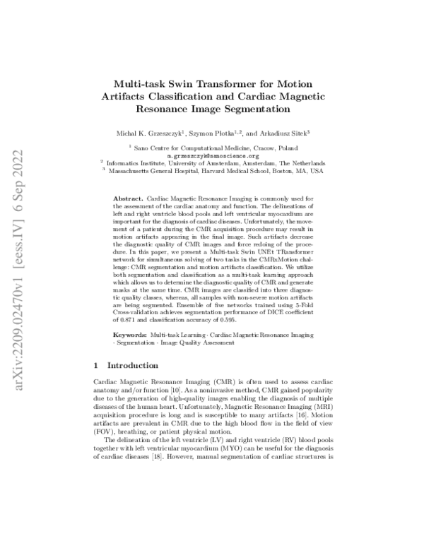 (PDF) Multi-task Swin Transformer for Motion Artifacts Classification ...