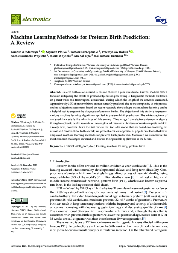(PDF) Machine Learning Methods for Preterm Birth Prediction: A Review