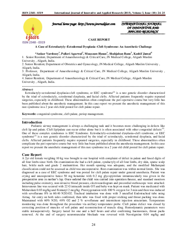 Pdf Case Report A Case Of Ectrodactyly Ectodermal Dysplasia Cleft Syndrome An Anesthetic