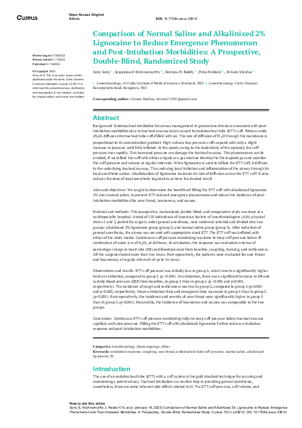 (PDF) Comparison of Normal Saline and Alkalinized 2% Lignocaine to ...