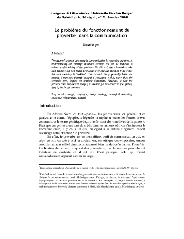 (PDF) Le problème du fonctionnement du proverbe dans la communication