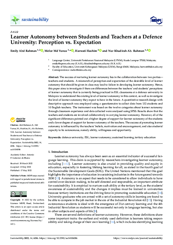 (PDF) Learner Autonomy between Students and Teachers at a Defence University: Perception vs ...