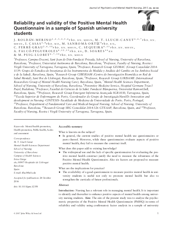 (PDF) Reliability and validity of the Positive Mental Health ...