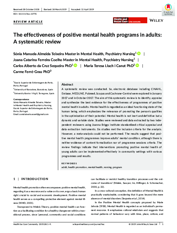 (PDF) The effectiveness of positive mental health programs in adults: A ...