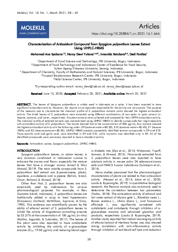 (PDF) Characterization of Antioxidant Compound from Syzygium polyanthum Leaves Fraction Using ...