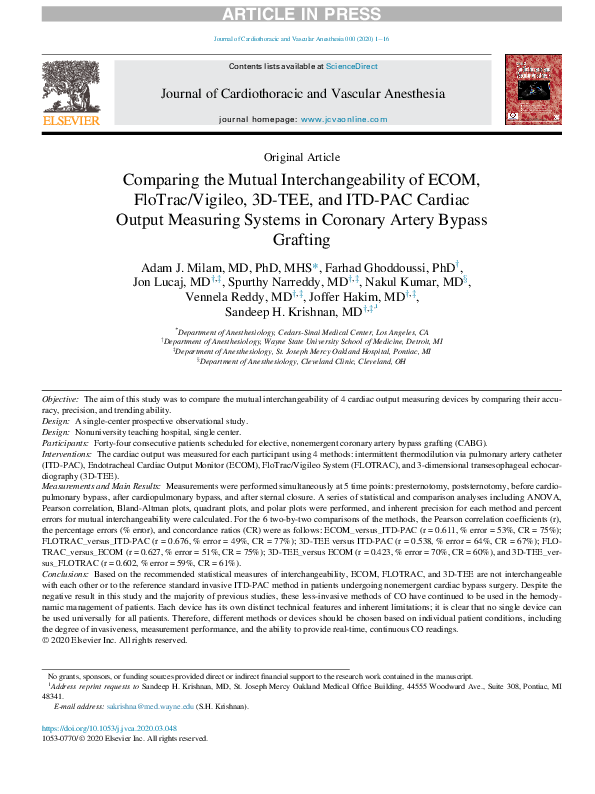 (PDF) Comparing the Mutual Interchangeability of ECOM, FloTrac/Vigileo ...