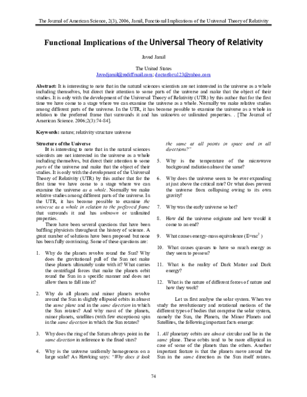 (PDF) Functional Implications of the Universal Theory of Relativity