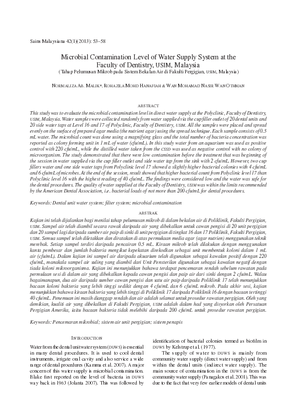 (PDF) Microbial contamination level of water supply system at the Faculty of Dentistry, USIM ...