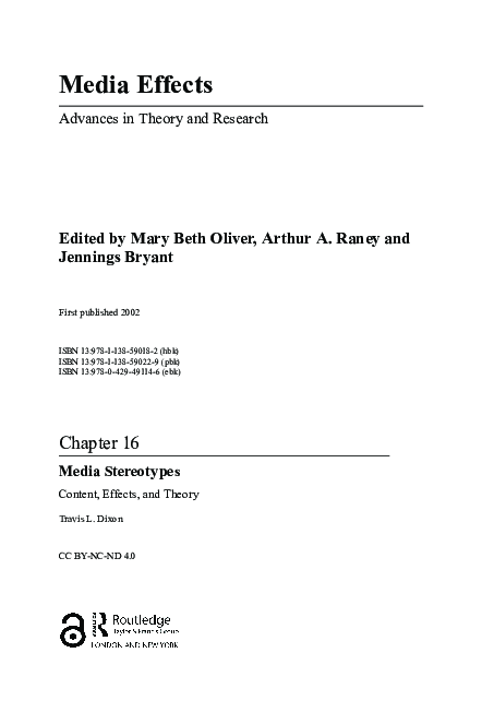 (PDF) Chapter 16 Media Stereotypes: Content, Effects, and Theory