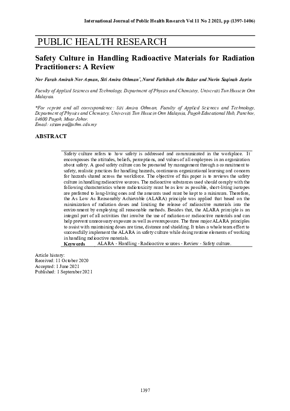 (PDF) Safety Culture in Handling Radioactive Materials for Radiation ...