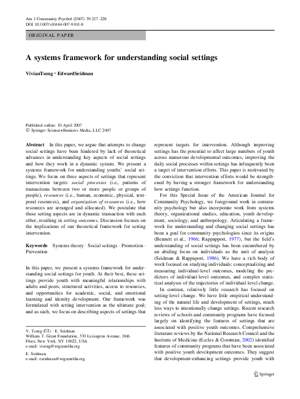(PDF) A systems framework for understanding social settings