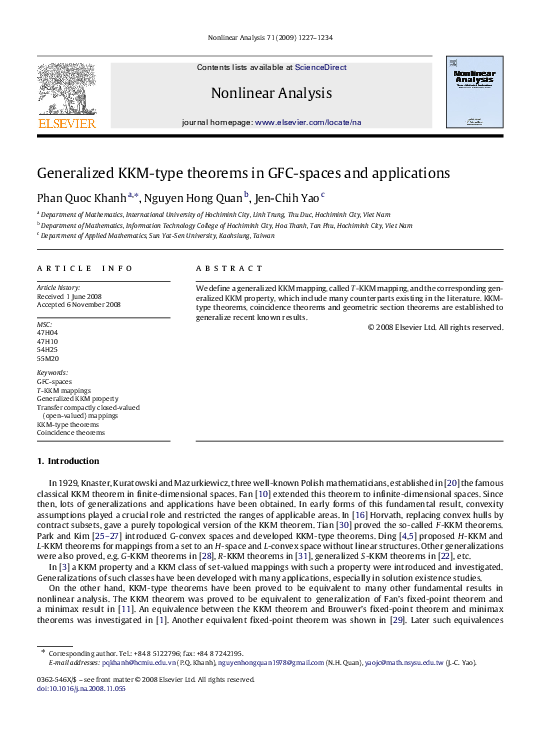Pdf Generalized Kkm Type Theorems In Gfc Spaces And Applications