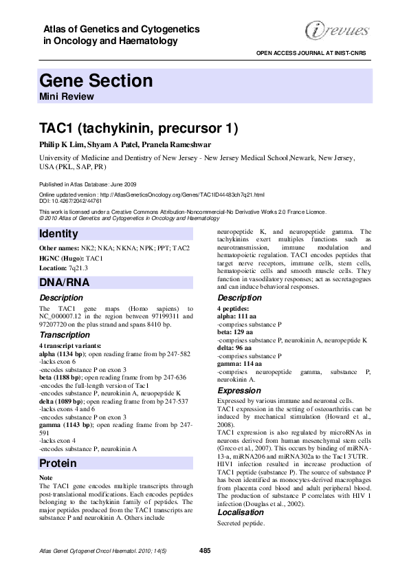(PDF) TAC1 (tachykinin, precursor 1)