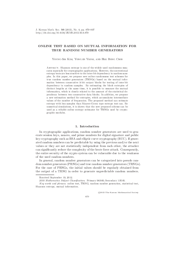 (PDF) Online Test Based on Mutual Information for True Random Number ...