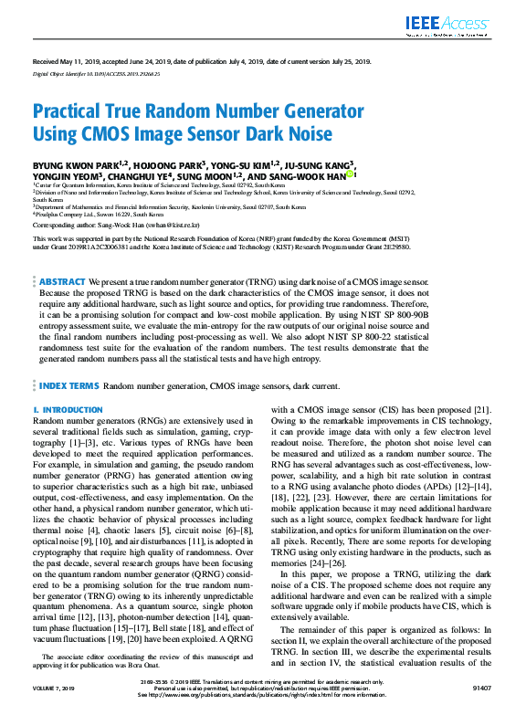 (PDF) Practical True Random Number Generator Using CMOS Image Sensor Dark Noise