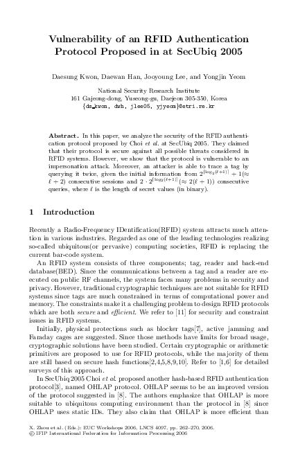 (PDF) Vulnerability of an RFID Authentication Protocol Proposed in at SecUbiq 2005