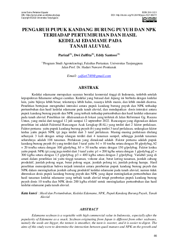 (PDF) Pengaruh Pupuk Kandang Burung Puyuh Dan NPK Terhadap Pertumbuhan Dan Hasil Kedelai Edamame ...
