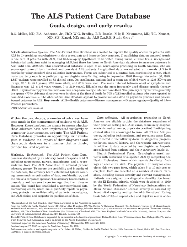 (PDF) The ALS Patient Care Database: Goals, design, and early results