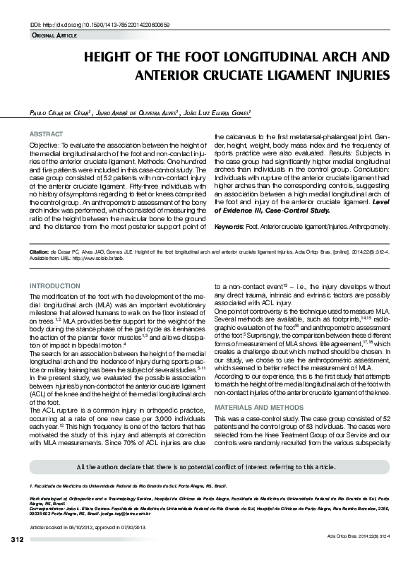 (PDF) Height of the foot longitudinal arch and anterior cruciate ...
