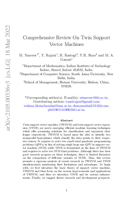 (PDF) Comprehensive review on twin support vector machines