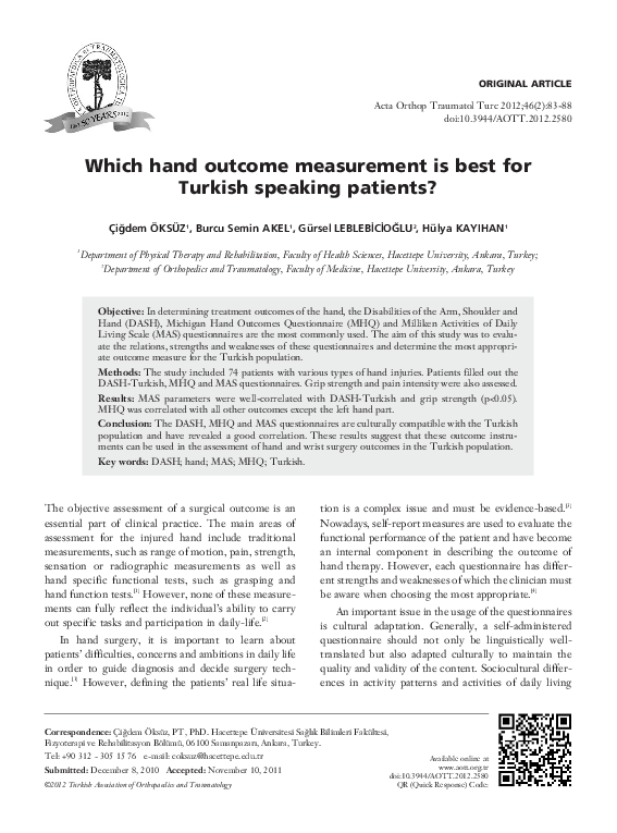 (PDF) Which hand outcome measurement is best for Turkish speaking patients?