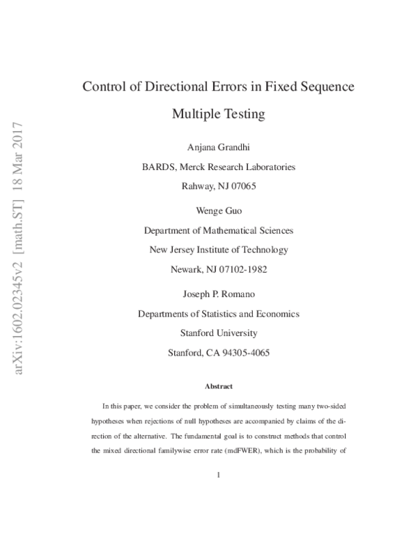 Pdf Control Of Directional Errors In Fixed Sequence Multiple Testing