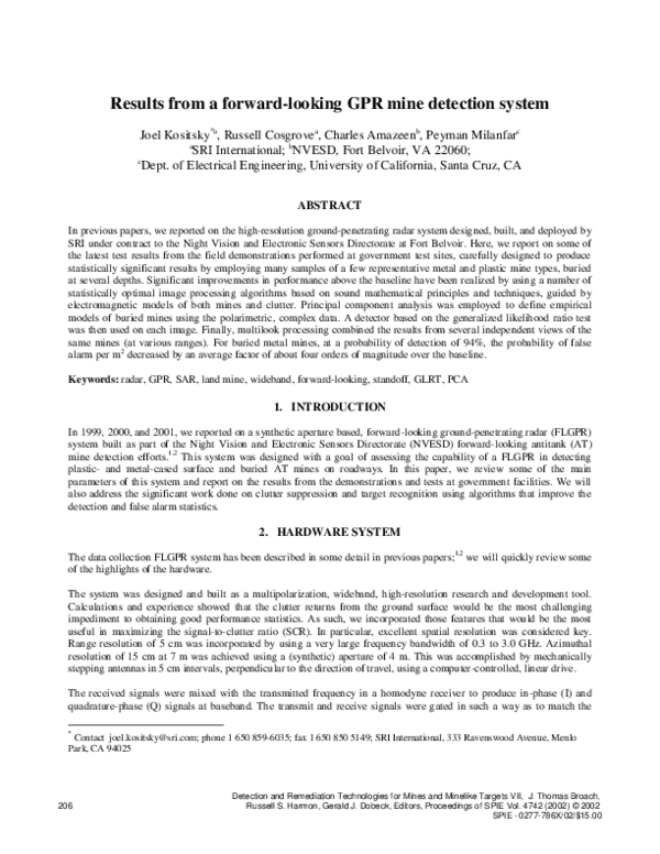 (PDF) Results from a forward-looking GPR mine detection system | Joel Kositsky - Academia.edu